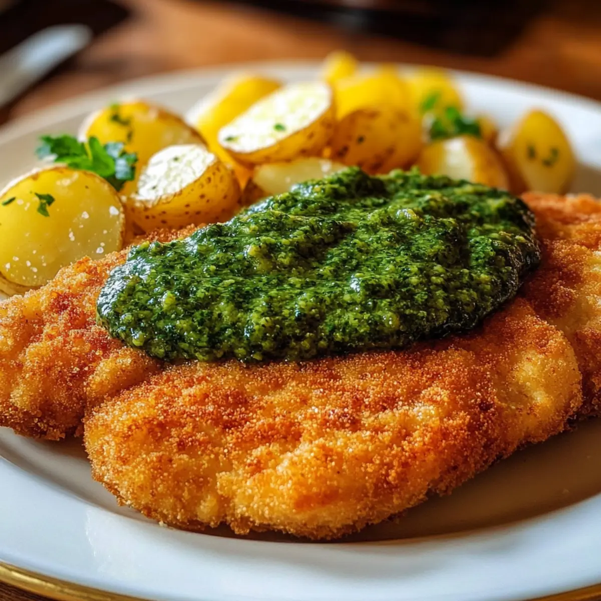 Goldbraunes Hähnchenschnitzel mit Kräutersoße: Einfach köstlich